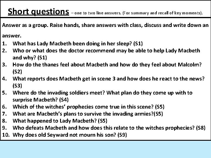 Macbeth Revision of Act 5 Date Objectives Revise
