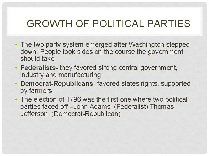 FOUNDATION OF THE NEW REPUBLIC 1789 1800 THE