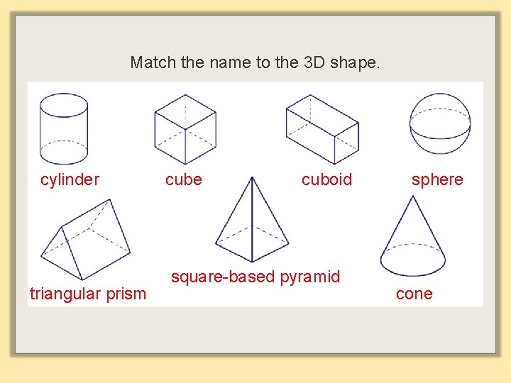 Recognise and Describe 3 D Shapes Match the