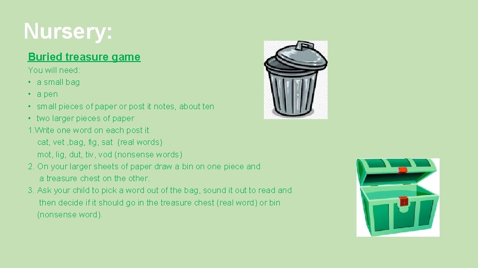 Friday Phonics Buried Treasure game Sentence writing Nursery