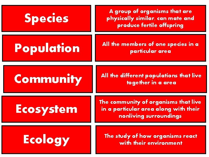 Organism A living thing Habitat The specific environment