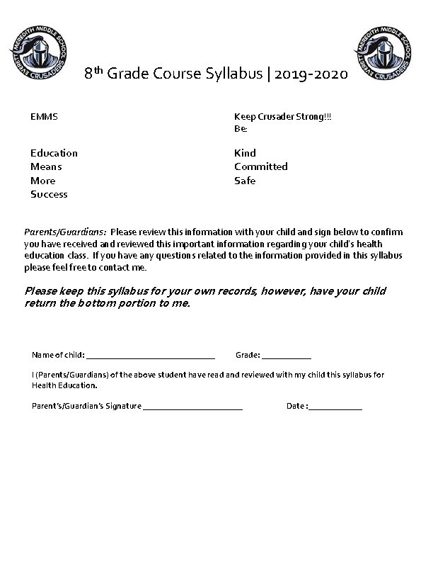 Health Education 8 th Grade Course Syllabus 2019
