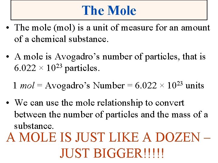 The Mole Concept Avogadros Number Avogadros Number symbol