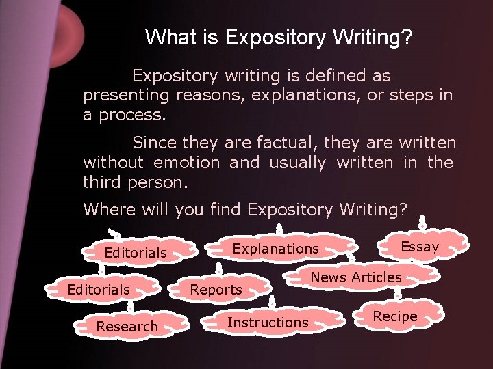 Lesson Objectives 1 Learn what Expository writing is