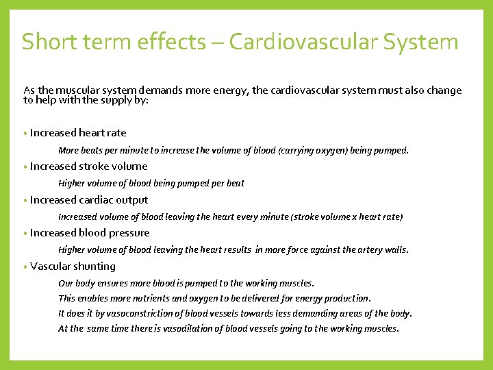 SHORT LONG TERM EFFECTS OF EXERCISE Learning Objectives