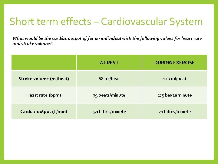 SHORT LONG TERM EFFECTS OF EXERCISE Learning Objectives
