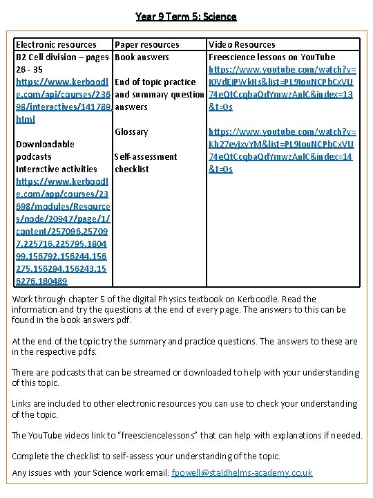 YEAR 9 WORK Week beginning 18 th May