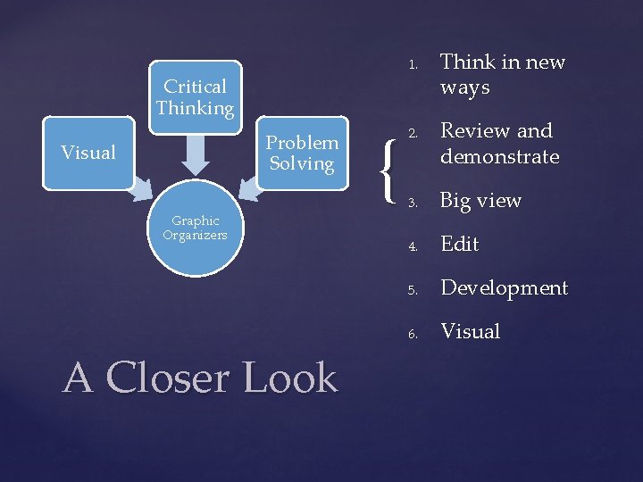 Tools for learning Presented by Susan Hyde Visual