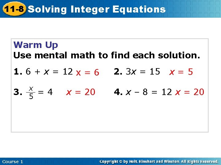 11 8 Solving Integer Equation Warm Up Problem