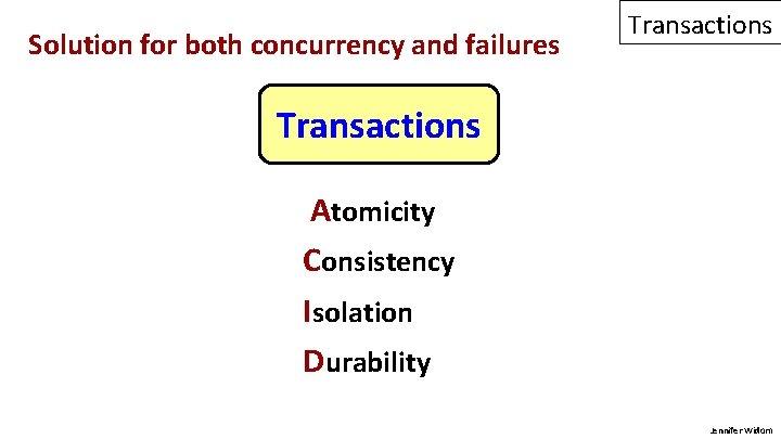 Transactions Properties Jennifer Widom Solution for both concurrency