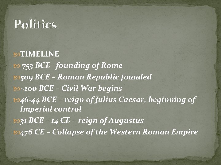 Rome Politics TIMELINE 753 BCE founding of Rome