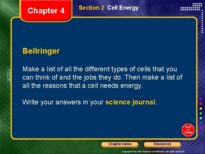 Chapter 4 The Cell in Action Table of