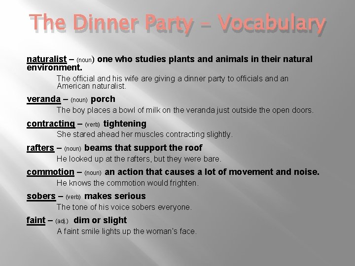 THE DINNER PARTY Vocabulary The Dinner Party Vocabulary