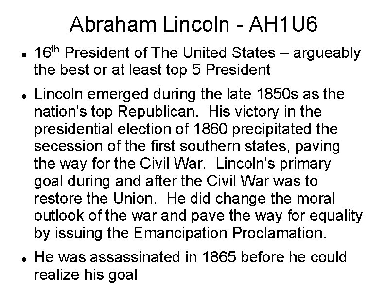 Vocabulary American History I Unit 6 The Civil