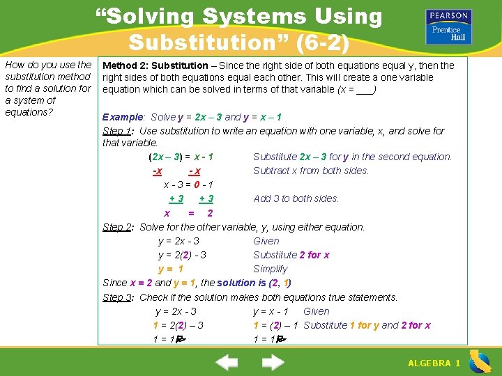 Lesson 6 2 WarmUp ALGEBRA 1 Solving Systems