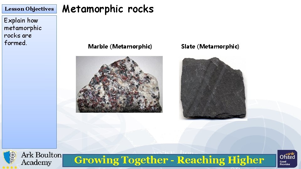 Metamorphic rocks Lesson Objectives Explain how metamorphic rocks