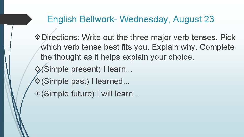 Parts of Speech Bellwork Week One English Bellwork