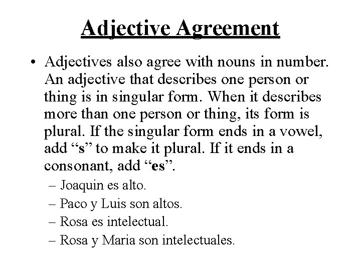 Gender and Number Adjective Agreement Notes Spanish 1