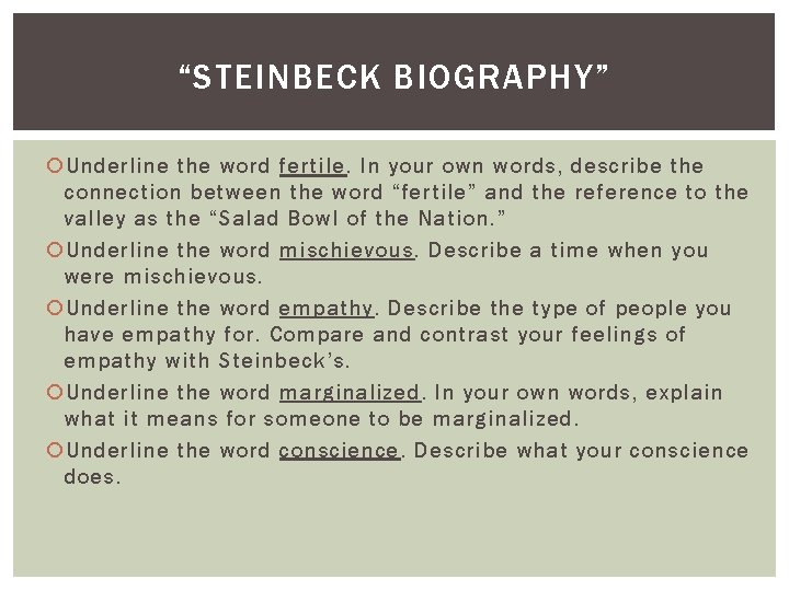 VOCABULARY IN CONTEXT Pearls and Steinbeck Biography OPEN