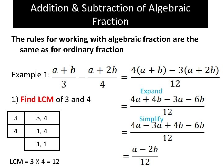 TOPIC ALGEBRA Subtopic Algebraic Fraction Addition and Subtraction