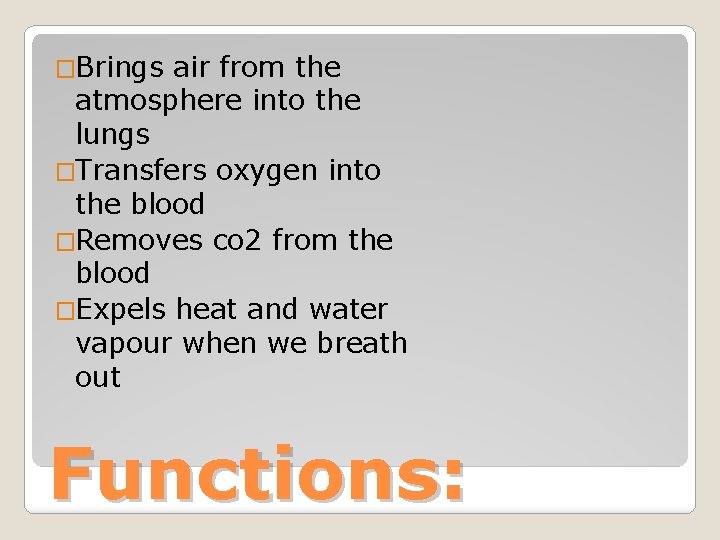 The Respiratory System Brings air from the atmosphere