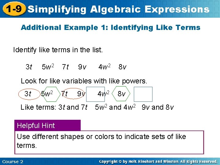 Introduction to Algebra Vocabulary Identifying Parts of an