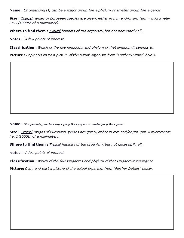 VIRTUAL POND DIP Name Of organisms can be