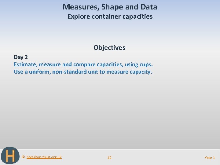 Measures Shape and Data Explore container capacities Objectives