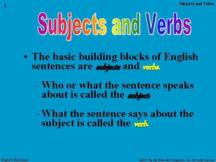 Chapter One Subjects and Verbs English Essentials John