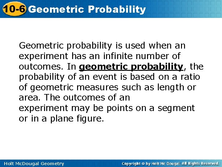 10 6 Geometric Probability Warm Up Lesson Presentation