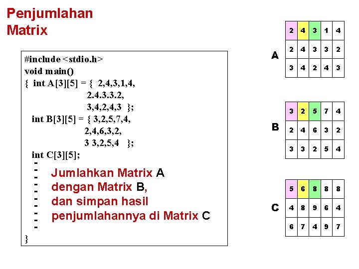 Penjumlahan Matrix Sudah ada Matriks A35 bertipe int