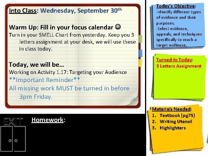 Into Class Monday September 28 th Warm Up