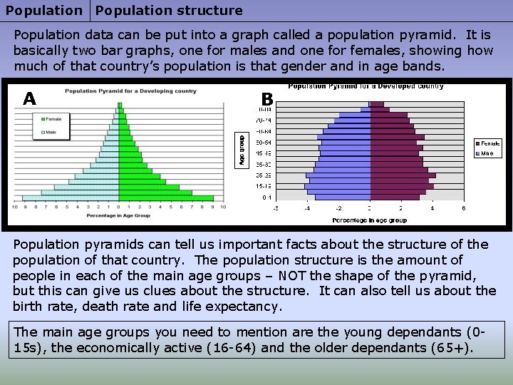Population Describing population structure population structures vary with