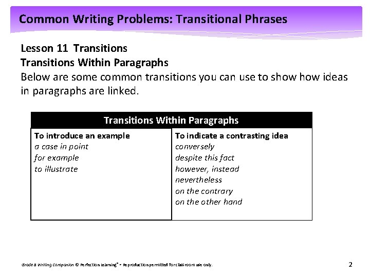 Common Writing Problems Transitional Phrases Lesson 11 Transitions