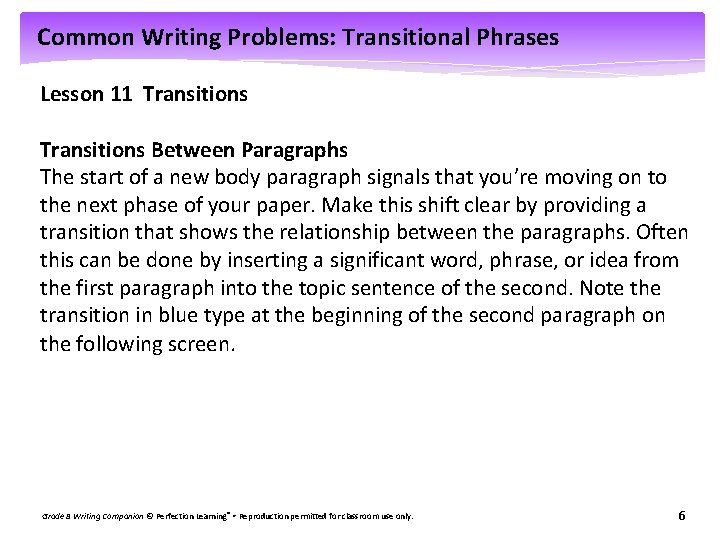 Common Writing Problems Transitional Phrases Lesson 11 Transitions
