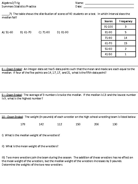 Algebra 2Trig Summary Statistics Practice Name Date Directions
