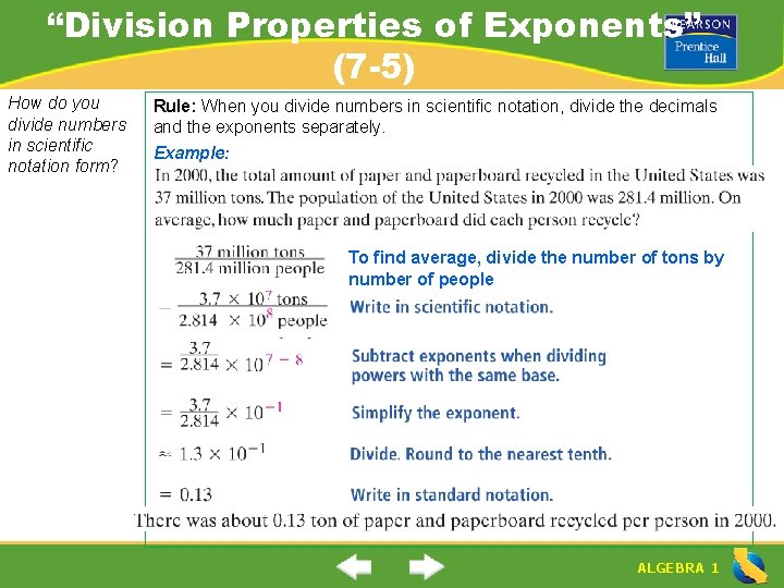 Lesson 7 5 WarmUp ALGEBRA 1 Division Properties
