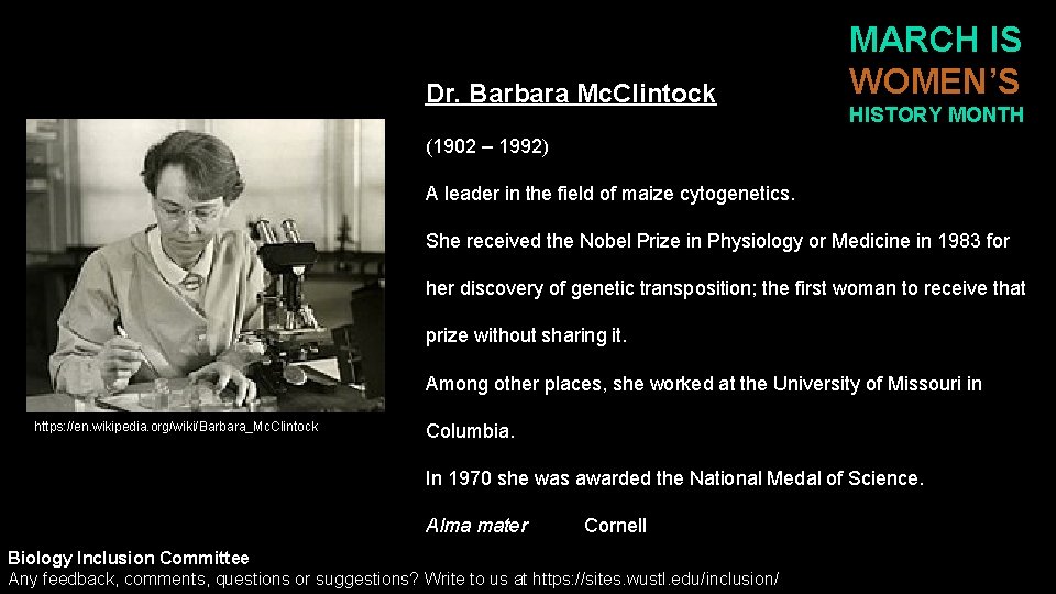MARCH IS WOMENS HISTORY MONTH Biology Inclusion Committee