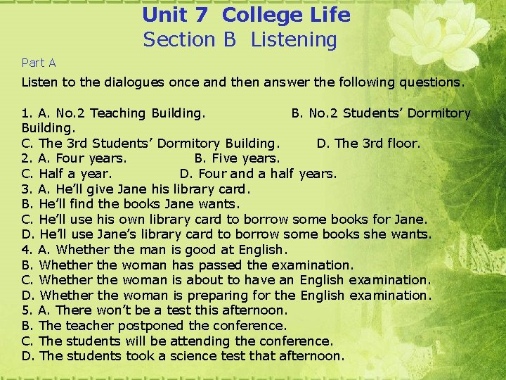 Unit 7 College Life A B Communication Listening