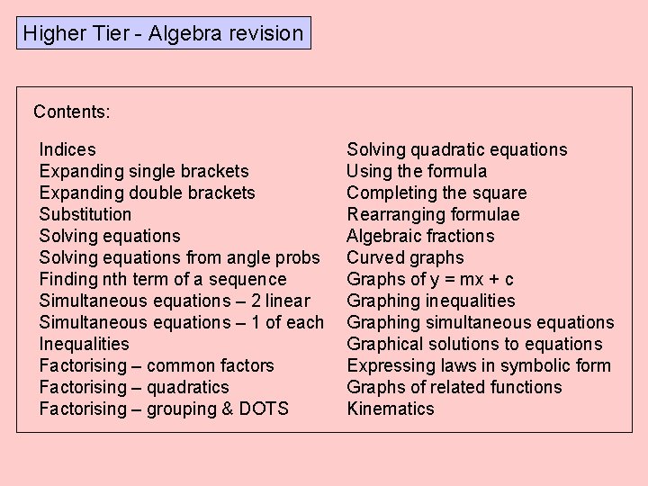 Higher Tier Algebra revision Contents Indices Expanding single