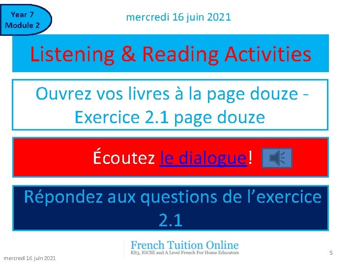 Year 7 Module 2 lesson 6 BONJOUR ET