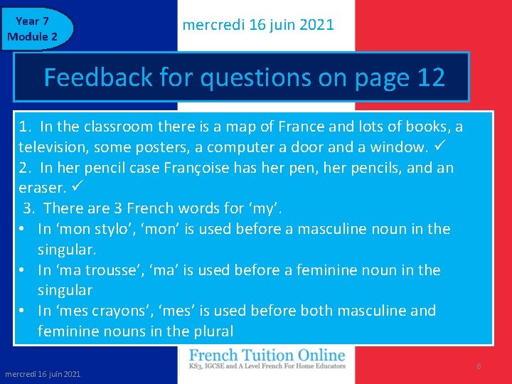 Year 7 Module 2 lesson 6 BONJOUR ET