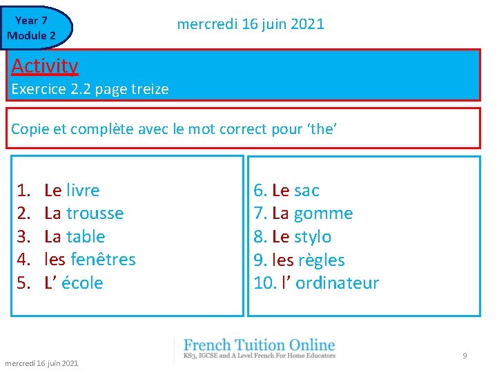 Year 7 Module 2 lesson 6 BONJOUR ET