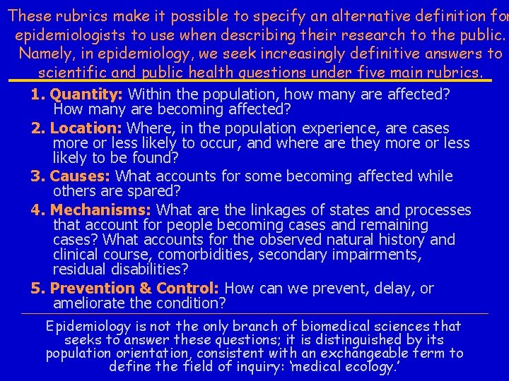 The Five Main Rubrics of Epidemiology As Applied