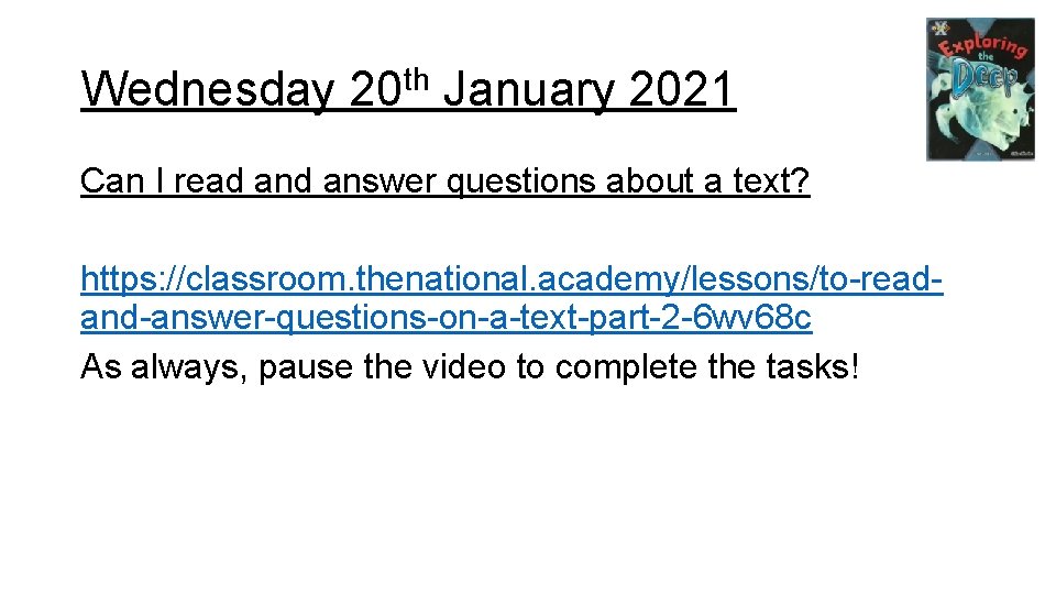 Book Club Week beginning 2021 th 18 January