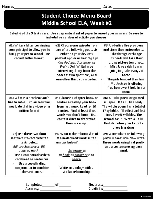 StudentChoice Menu Boards Middle ELA By Julie Faulkner