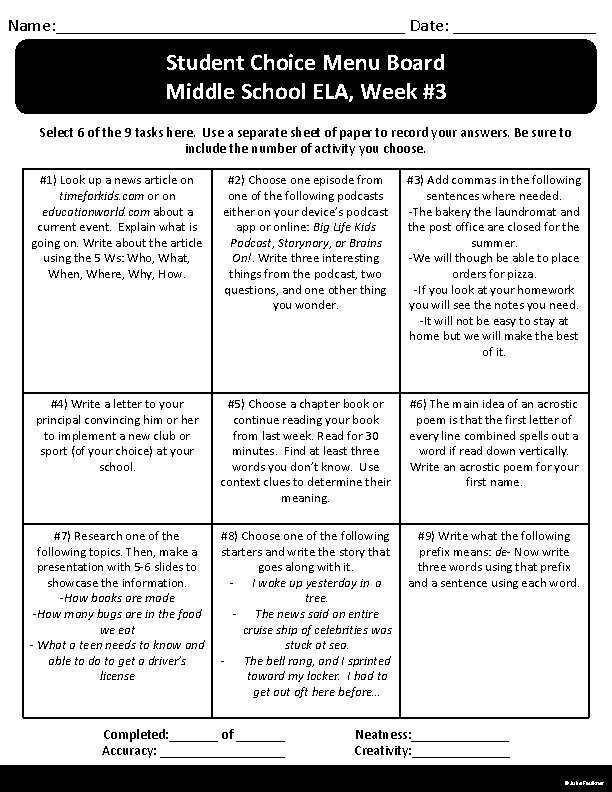 StudentChoice Menu Boards Middle ELA By Julie Faulkner