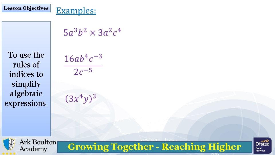 Lesson Objectives Simplifying Algebraic Indices 18 January 2022
