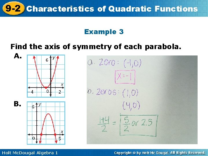 9 2 Characteristics of Quadratic Functions Objectives Find