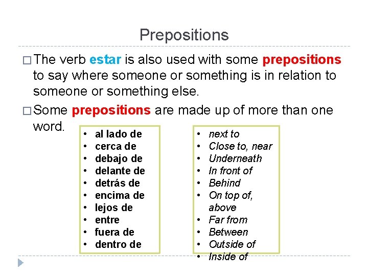 El verbo estar con preposiciones y el presente